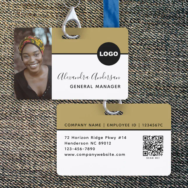 Employee Company ID Photo Logo QR Code Black Gold Badge | Zazzle