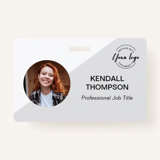 Employee ID minimalist Grey Custom logo QR code Badge | Zazzle