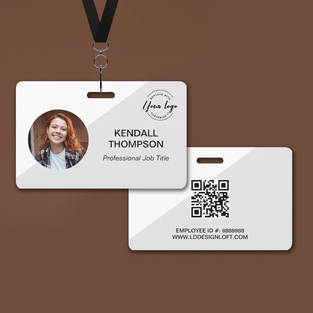 Employee ID minimalist Grey Custom logo QR code Badge | Zazzle