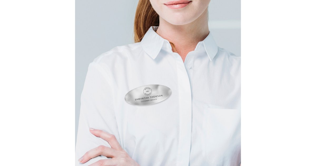 Employee Job Title Logo Silver Shimmer Name Tag | Zazzle