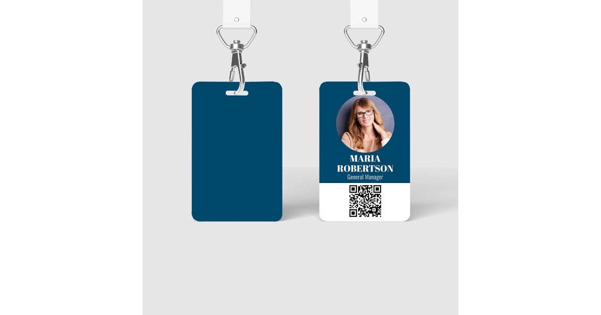 Employee Name Badge Minimalist Photo QR Code Blue | Zazzle