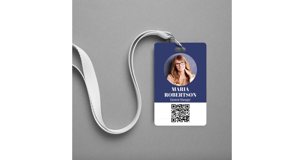 Employee Name Badge Minimalist Photo QR Code Blue | Zazzle