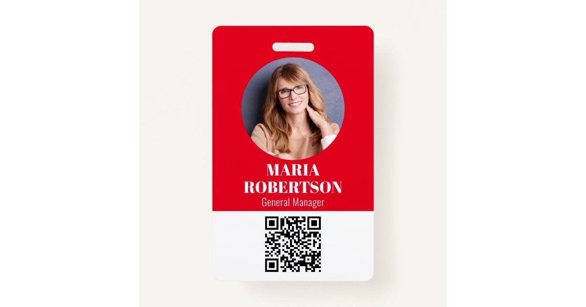 Employee Name Badge Minimalist Photo QR Code Red | Zazzle