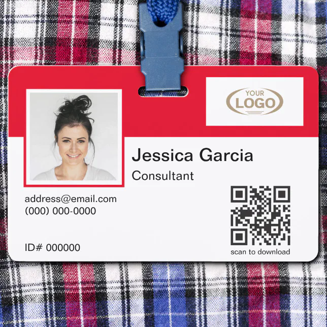 Employee Name Photo Company Logo QR Code Red Badge | Zazzle