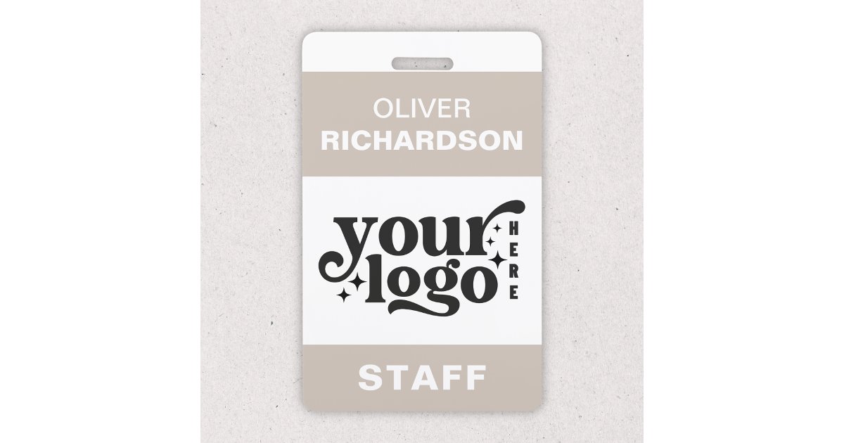 Employee Name Tag Custom Business Logo Staff Beige Badge | Zazzle