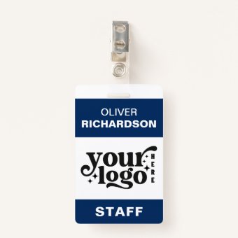 Employee Name Tag Custom Business Logo Staff Blue Badge | Zazzle