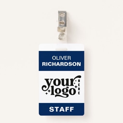 Employee Name Tag Custom Business Logo Staff Blue Badge | Zazzle