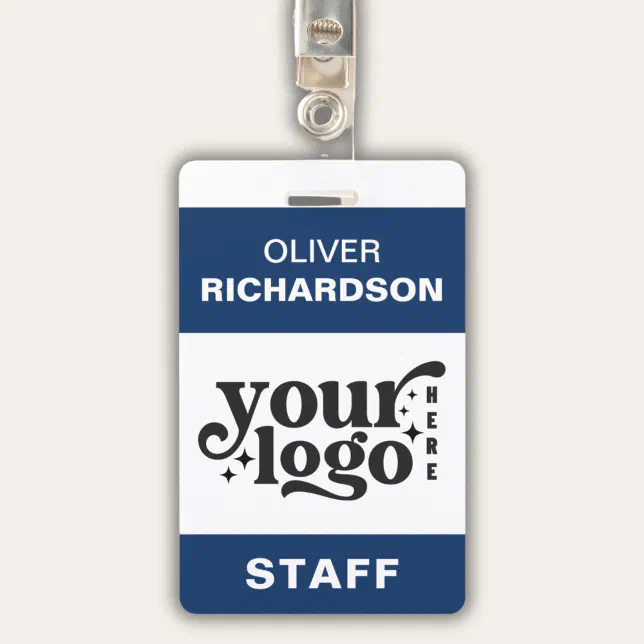Employee Name Tag Custom Business Logo Staff Blue Badge | Zazzle