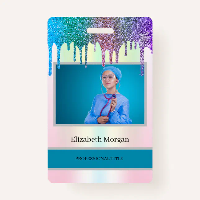 Employee Photo Holographic Glitter Drips Badge | Zazzle