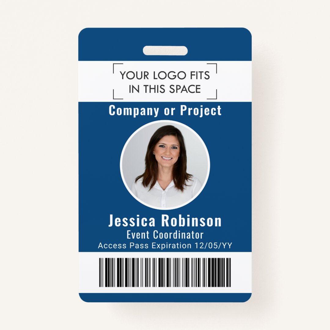 Employee Photo ID Barcode Classic Blue Access Badge | Zazzle
