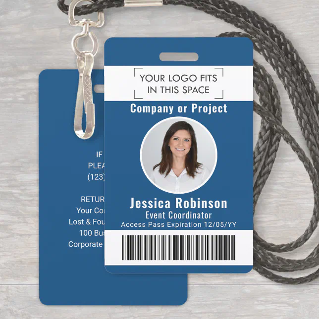 Employee Photo ID Barcode Classic Blue Access Badge | Zazzle