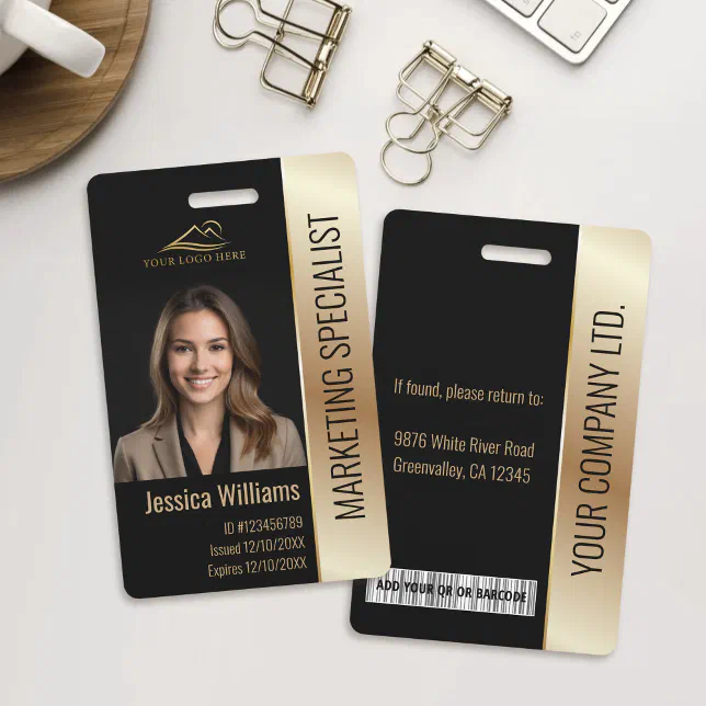 Employee Photo ID Barcode Logo Black & Gold Badge | Zazzle