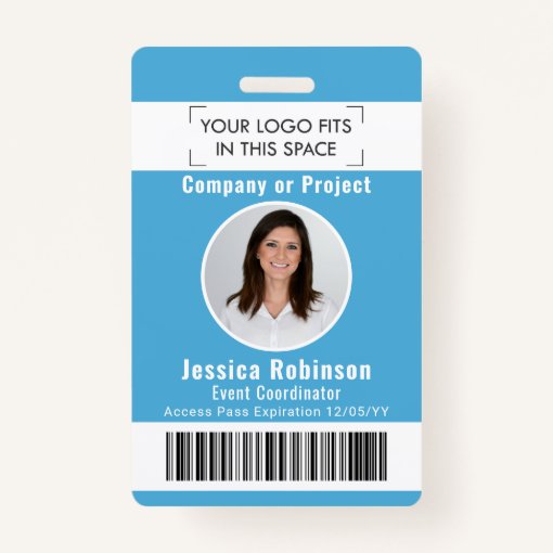 Employee Photo ID Barcode Logo Blue Access Pass Badge | Zazzle