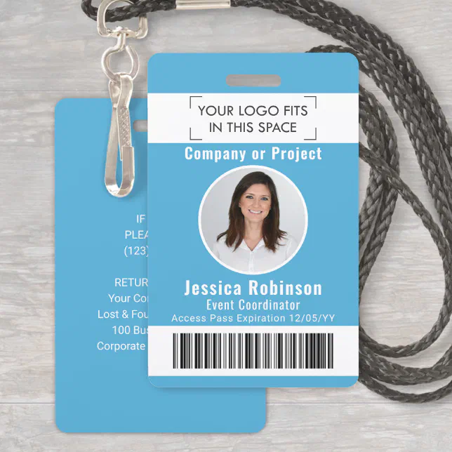 Employee Photo ID Barcode Logo Blue Access Pass Badge | Zazzle