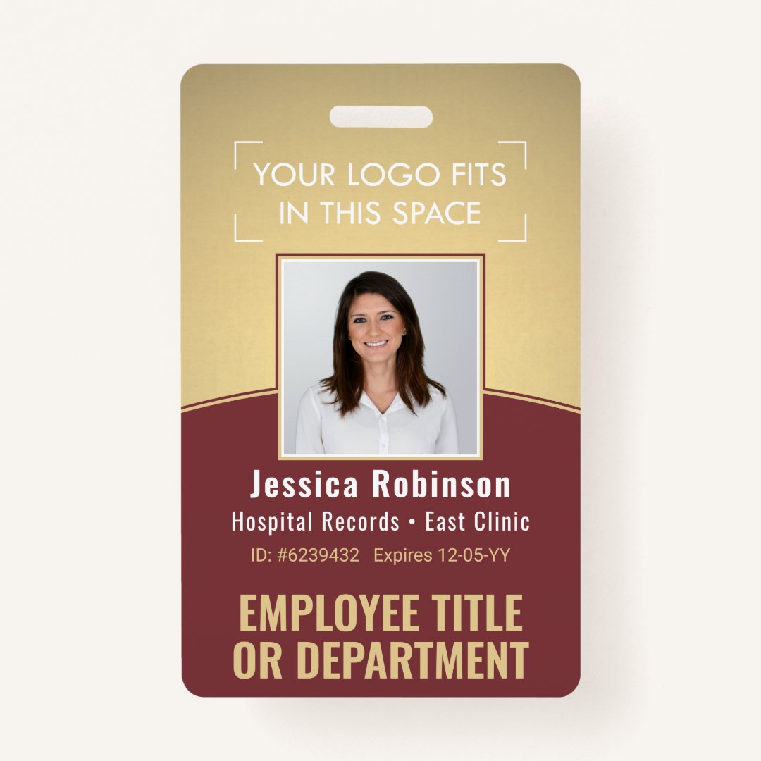 Employee Photo ID Barcode Logo Burgundy Gold Curve Badge | Zazzle