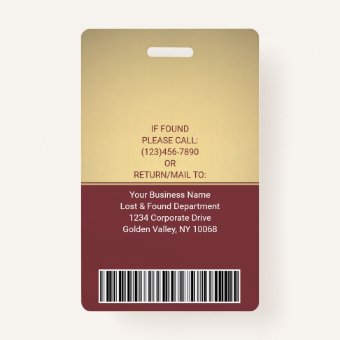 Employee Photo ID Barcode Logo Burgundy Gold Curve Badge | Zazzle