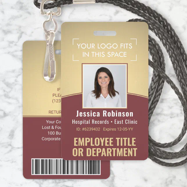 Employee Photo ID Barcode Logo Burgundy Gold Curve Badge | Zazzle
