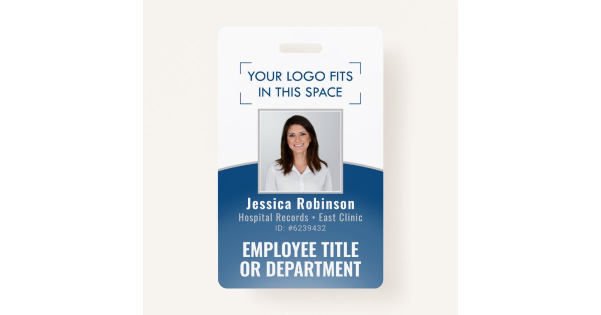 Employee Photo ID Barcode Logo Classic Blue Curve Badge | Zazzle