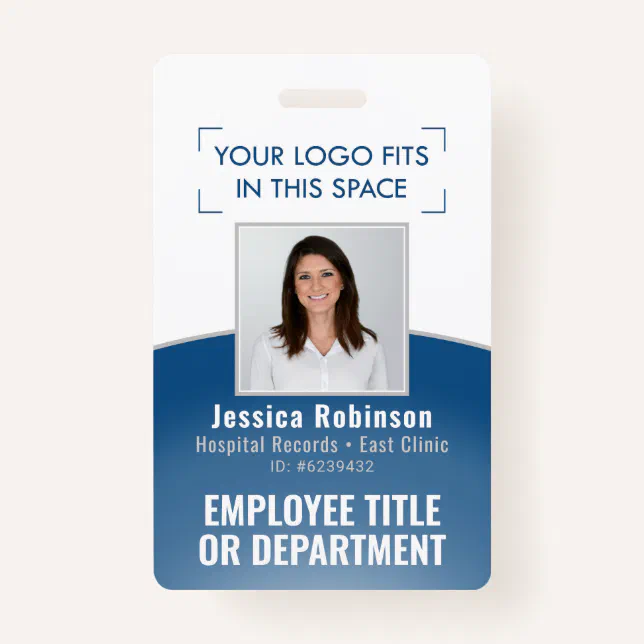 Employee Photo ID Barcode Logo Classic Blue Curve Badge | Zazzle