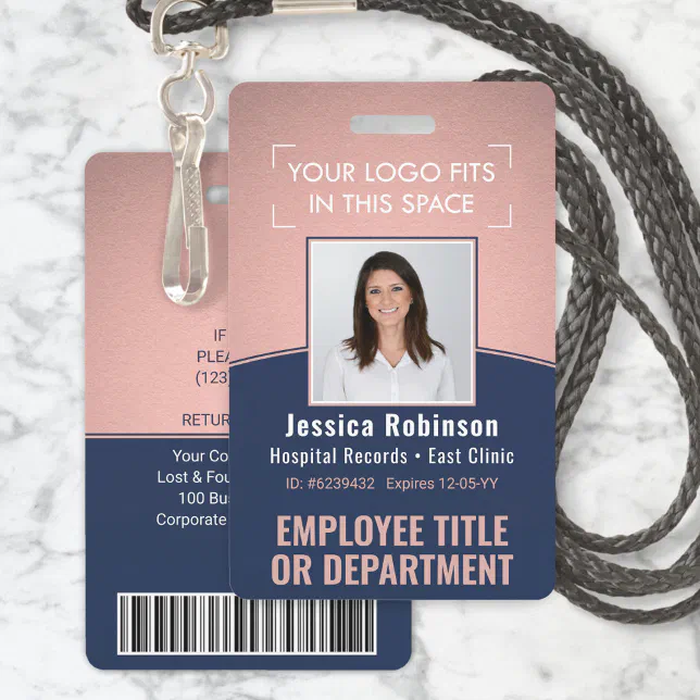 Employee Photo ID Barcode Logo Navy & Pink Curve Badge | Zazzle