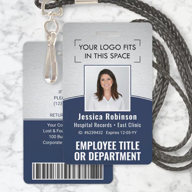 Employee Photo ID Barcode Logo Navy Silver Curve Badge | Zazzle