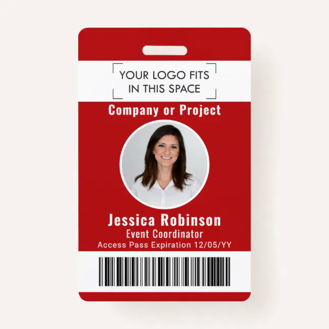 Employee Photo ID Barcode Logo Red Access Pass Badge | Zazzle