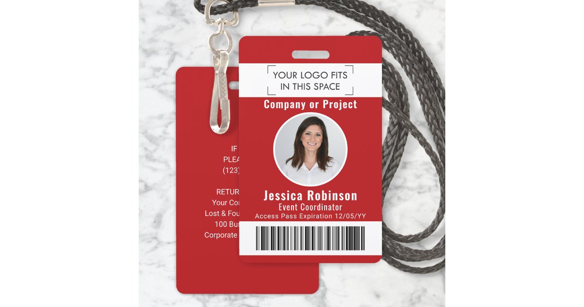 Employee Photo ID Barcode Logo Red Access Pass Badge | Zazzle