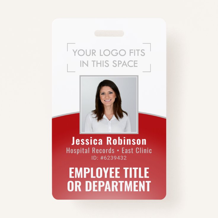 Employee Photo ID Barcode Your Logo Red Curve Badge | Zazzle