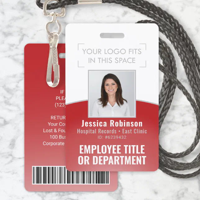 Employee Photo ID Barcode Your Logo Red Curve Badge | Zazzle