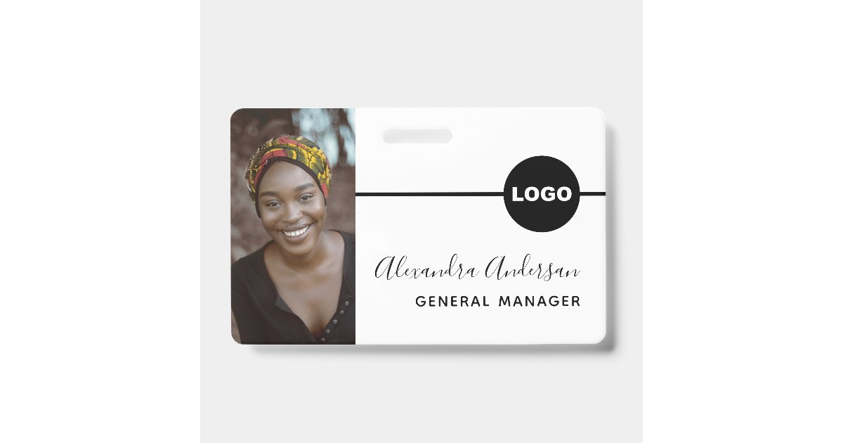 Employee Photo ID Company Logo QR Code White Black Badge | Zazzle