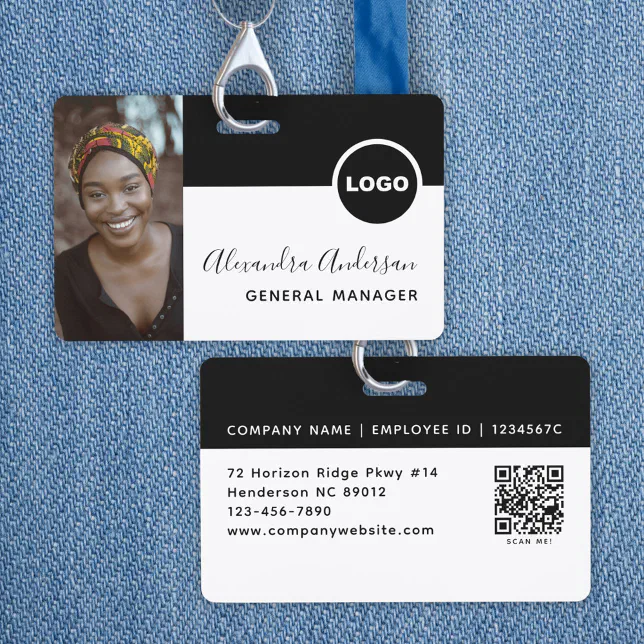 Employee Photo ID Company Logo QR Code White Black Badge | Zazzle