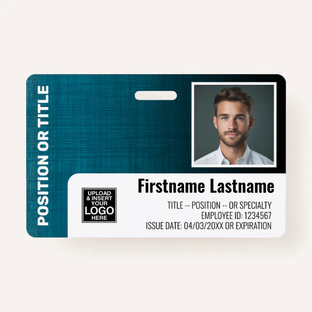 Employee Photo ID logo bar code modern linen blue Badge | Zazzle