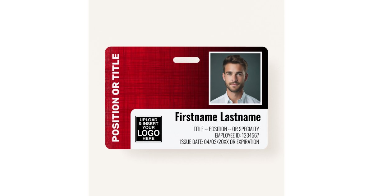 Employee Photo ID logo bar code modern linen red Badge | Zazzle
