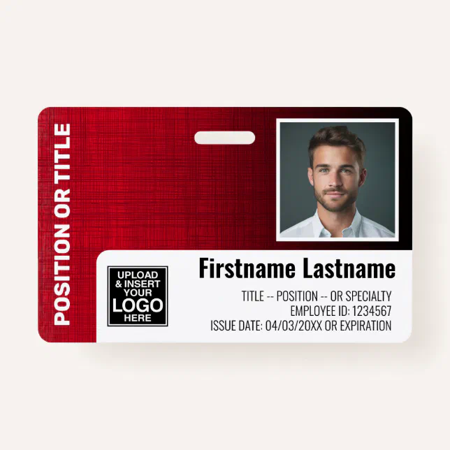 Employee Photo ID logo bar code modern linen red Badge | Zazzle