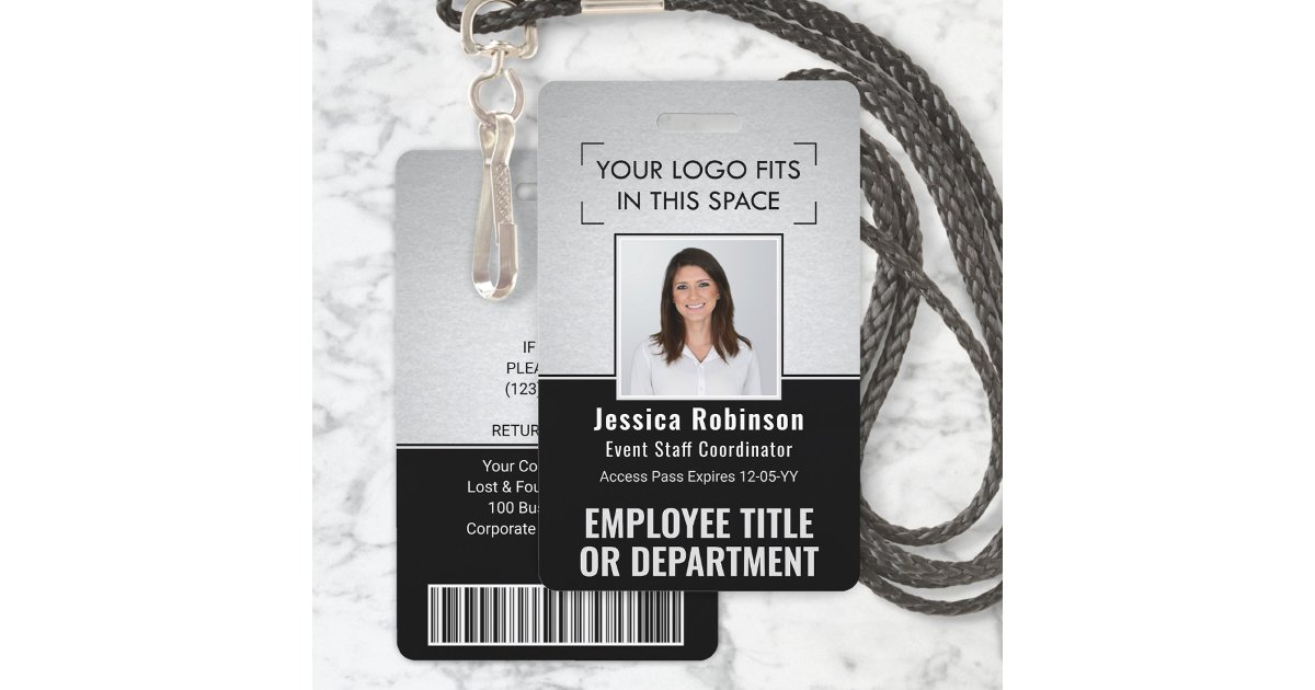 Employee Photo ID QR Barcode Logo Silver Black Badge | Zazzle