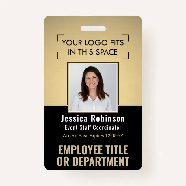 Employee Photo ID QR Barcode Your Logo Black Gold Badge | Zazzle