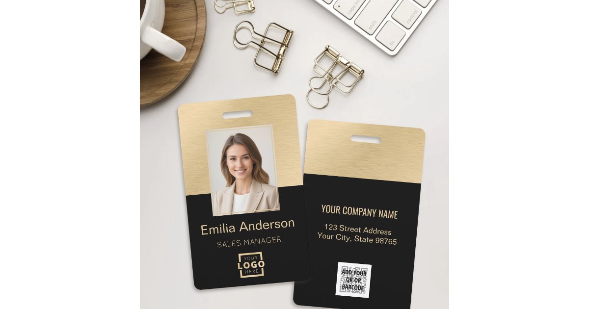 Employee Photo ID QR Code Logo Black Brushed Gold Badge | Zazzle