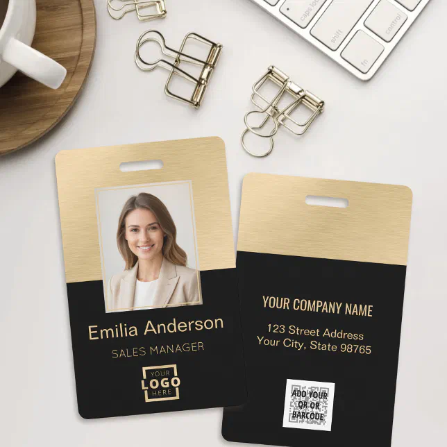 Employee Photo ID QR Code Logo Black Brushed Gold Badge | Zazzle