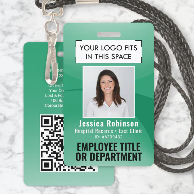 Employee Photo ID QR Code Your Logo Green Arc Badge | Zazzle