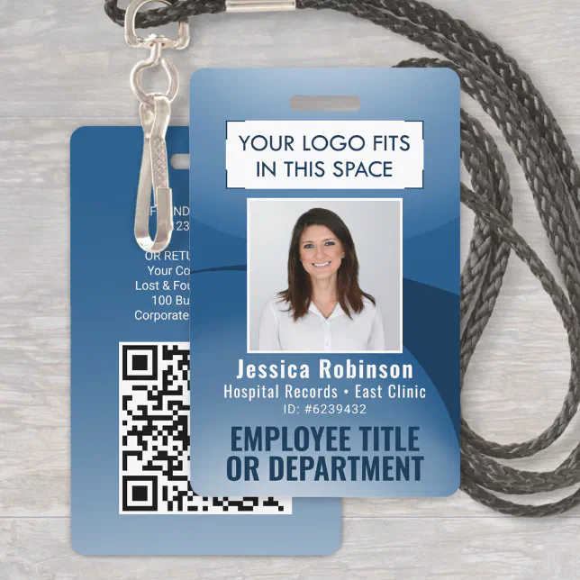 Employee Photo ID QR Code Your Logo Navy Blue Arc Badge | Zazzle