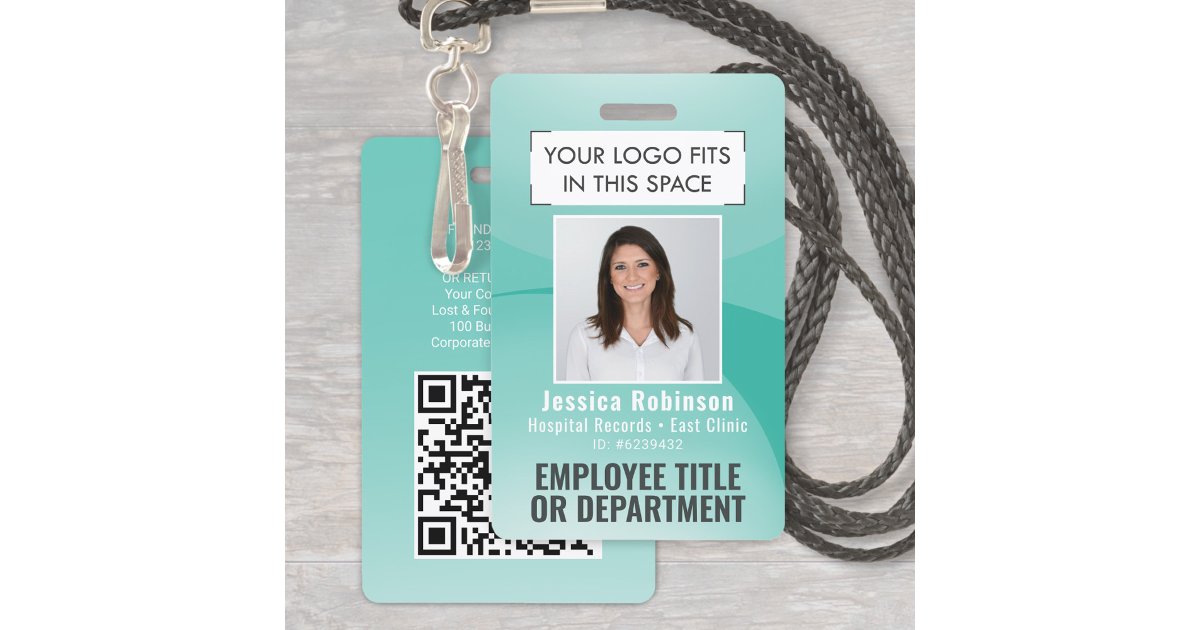 Employee Photo ID QR Code Your Logo Teal Blue Arc Badge | Zazzle