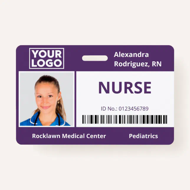 Employee Photo Logo Barcode Purple Hospital ID Badge | Zazzle