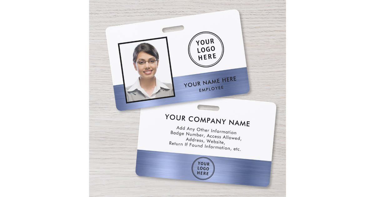 Employee Photo Logo Blue Metallic Badge | Zazzle