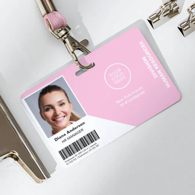 Employee Photo Name Company logo Pink Security Badge | Zazzle