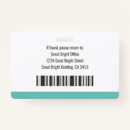 Employee Photo Name Logo Bar Code Teal and White Badge | Zazzle
