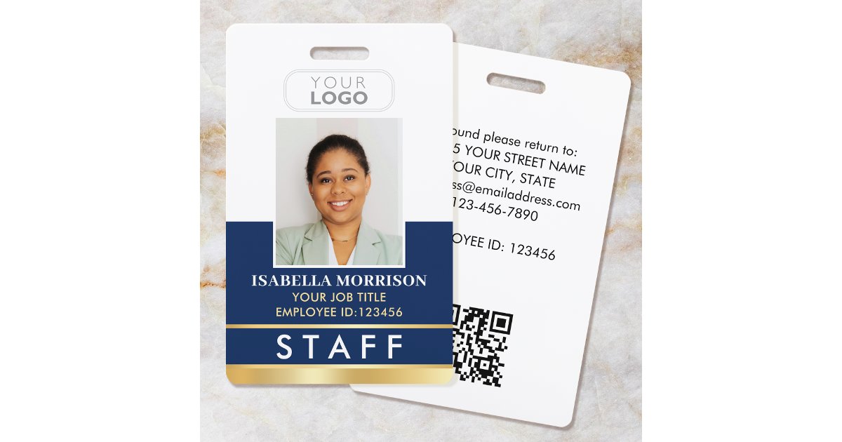 Employee Staff ID Name Logo Navy Gold Gradient Badge | Zazzle