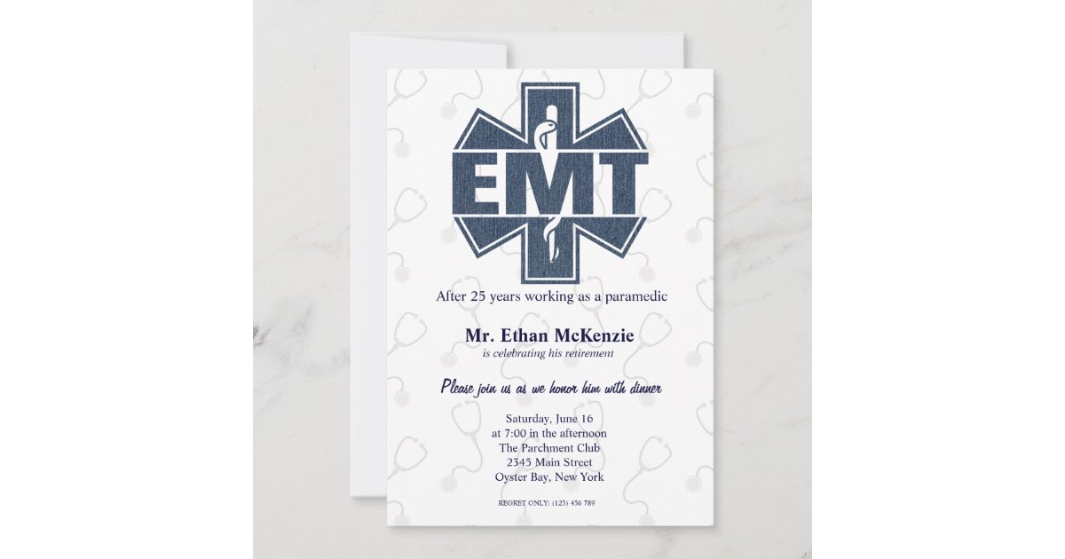 EMT retirement Denim texture Invitation | Zazzle