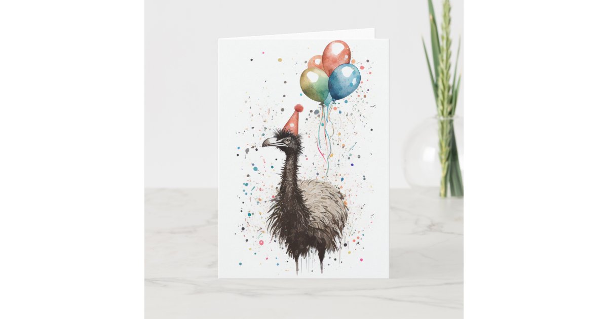 Emu with Party Hat and Balloons Fold Greeting Card | Zazzle