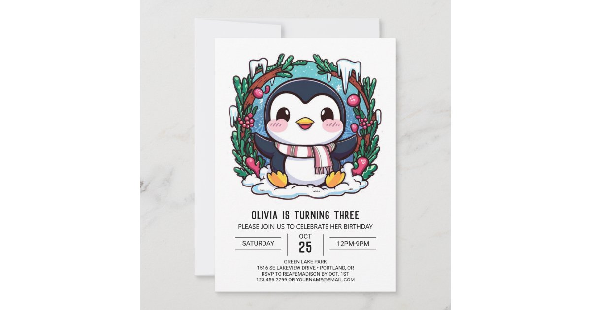 Enchanted Cute Penguin Digital Birthday Invitation | Zazzle