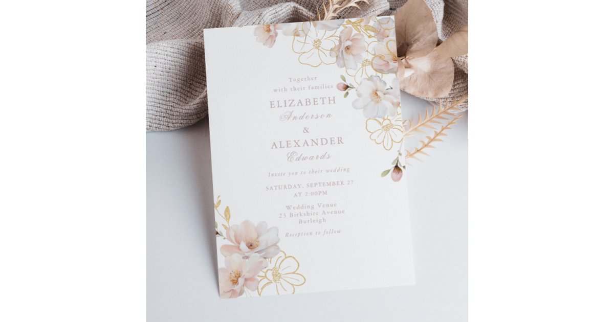 Enchanted Elegance Blush & Gold Wildflower Wedding Invitation | Zazzle